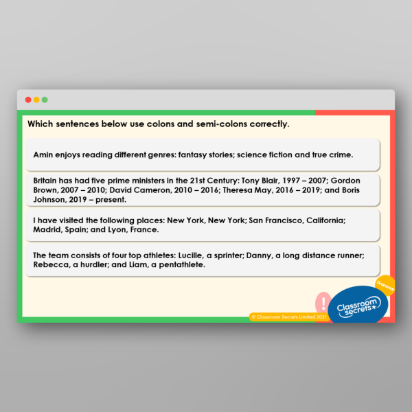 Classroom Secrets | Collection Page Year 6 Using Colons and Semi-colons