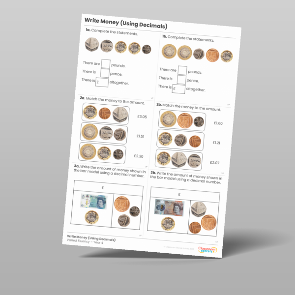 Classroom Secrets | Collection Page Year 4 Write Money (Using Decimals)