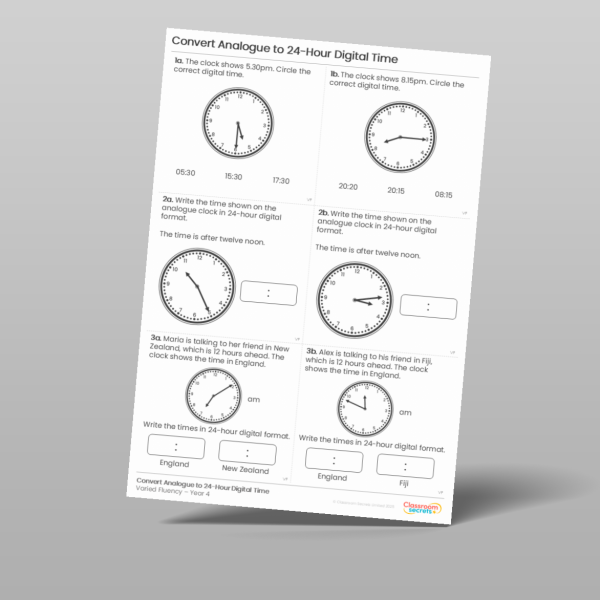 Classroom Secrets | Collection Page Year 4 Convert Analogue to 24-Hour ...