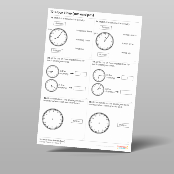 Classroom Secrets | Collection Page Year 3 12-Hour Time (am and pm)