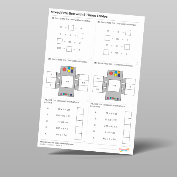 Classroom Secrets | Collection Page Year 4 Mixed Practice with 9 Times ...