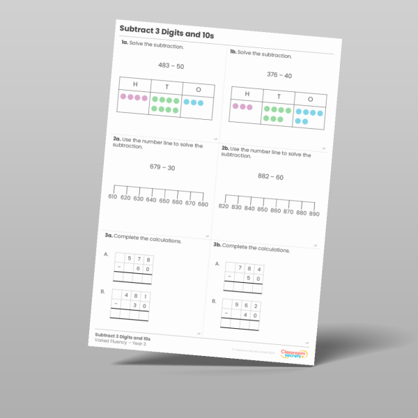 Classroom Secrets | Collection Page Year 3 Subtract 3 Digits and 10s