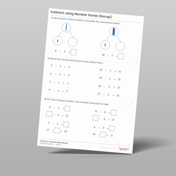 Classroom Secrets | Collection Page Year 1 Subtract using Number Bonds ...