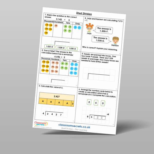 Year 6 Short Division Prior Learning Resource | Classroom Secrets