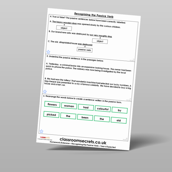 Year 6 Recognising The Passive Verb Homework Resource | Classroom Secrets