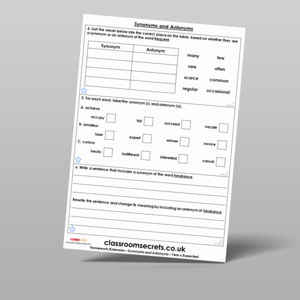 Year 6 Synonyms And Antonyms Homework Resource | Classroom Secrets