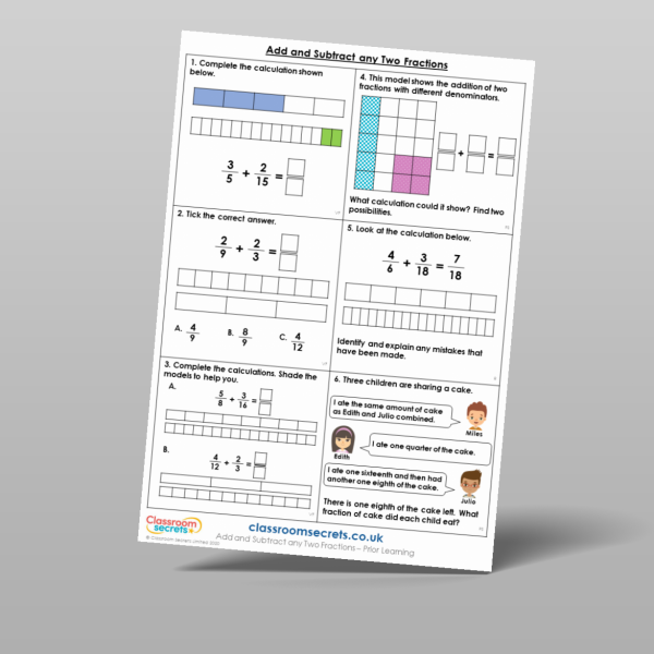 Year 6 Add And Subtract Any Two Fractions Prior Learning Resource ...