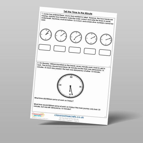 Year 3 Tell The Time To The Minute Discussion Problem Resource ...