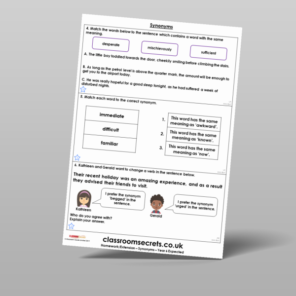 Year 6 Synonyms Homework Resource | Classroom Secrets