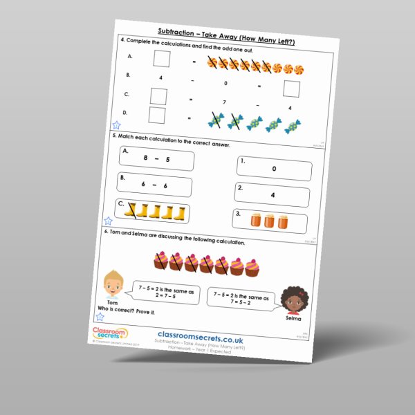 Year 1 Subtraction Take Away How Many Left Homework Resource ...