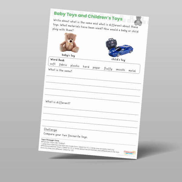 KS1 Toys Through Time What Are Toys Like Today Worksheet Resource | Classroom Secrets