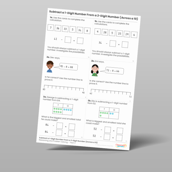 Year 2 Subtract A 1 Digit Number From A 2 Digit Number Across A 10 Reasoning And Problem Solving ...