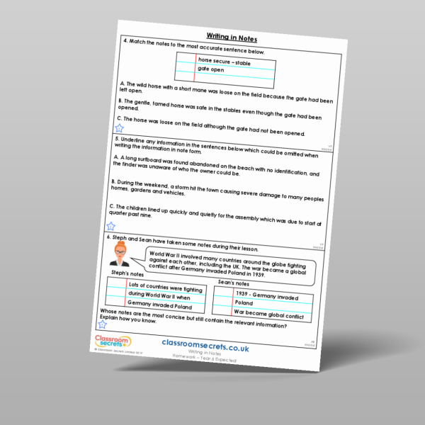 Year 6 Writing In Notes Homework Resource | Classroom Secrets