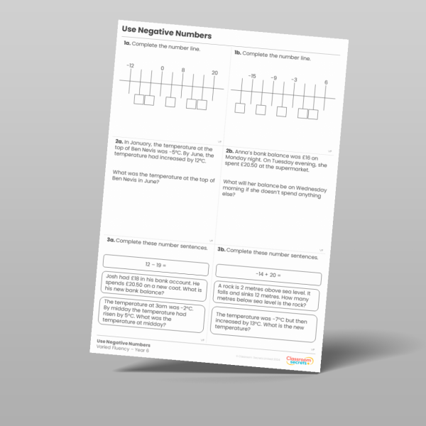 Year 6 Negative Numbers Varied Fluency 3 Resource Classroom Secrets 