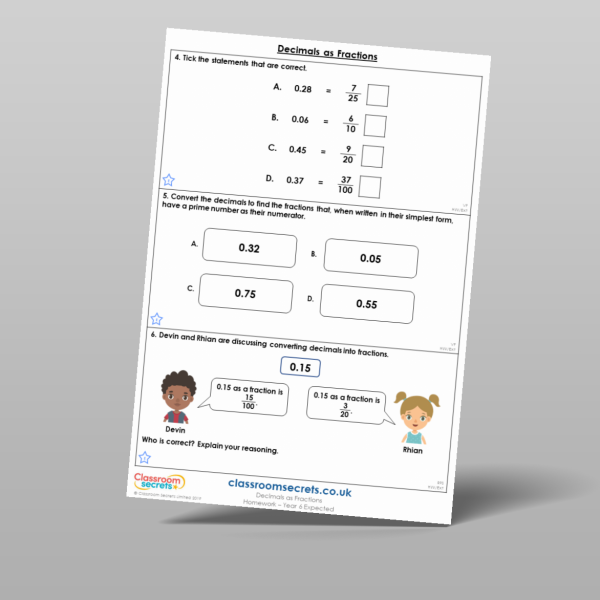 Year 6 Decimals As Fractions Homework Resource | Classroom Secrets