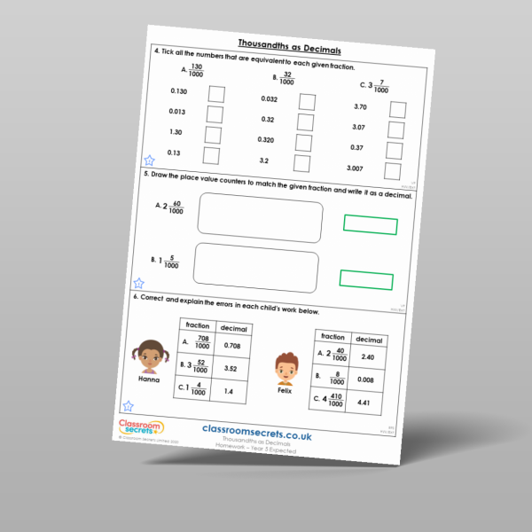 Year 5 Thousandths As Decimals Homework Resource | Classroom Secrets