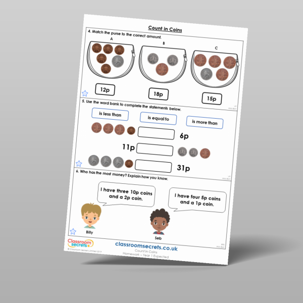 Year 1 Count In Coins Homework Resource | Classroom Secrets Year 1 Count In Coins Homework Resource | Classroom Secrets