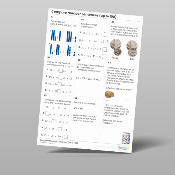 Year 2 Compare Number Sentences Up To 100 Fluency Matrix Resource ...
