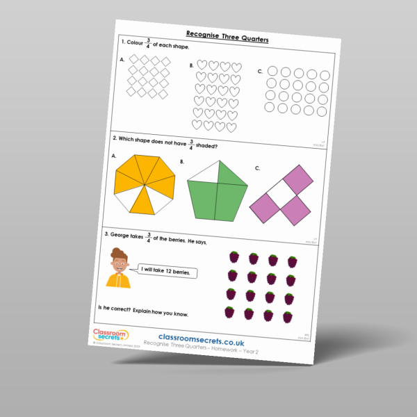 Year 2 Recognise Three Quarters Homework Resource | Classroom Secrets