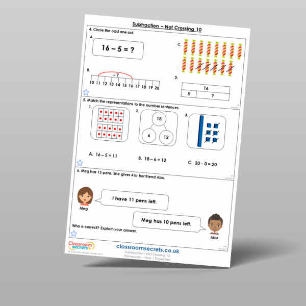 Year 1 Subtraction Not Crossing 10 Homework Resource | Classroom Secrets