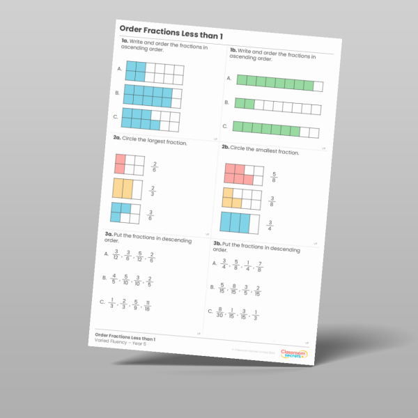 Year 5 Order Fractions Less Than 1 Varied Fluency Resource | Classroom ...