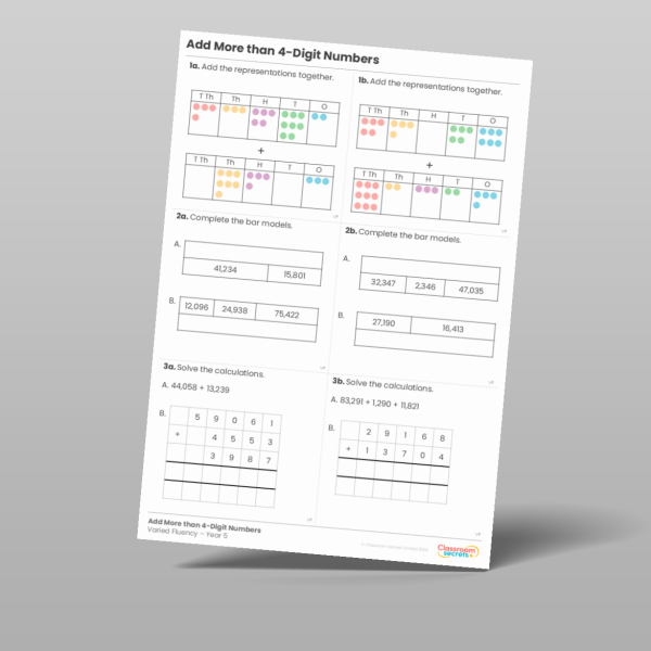 Year 5 Add More Than 4 Digit Numbers Varied Fluency Resource ...