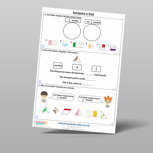 Year 2 Recognise A Third Homework Resource | Classroom Secrets
