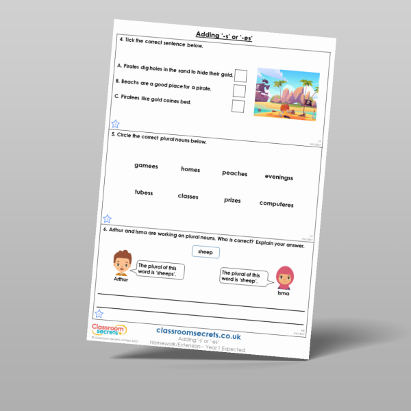 Year 1 Adding S Or Es Homework Resource | Classroom Secrets