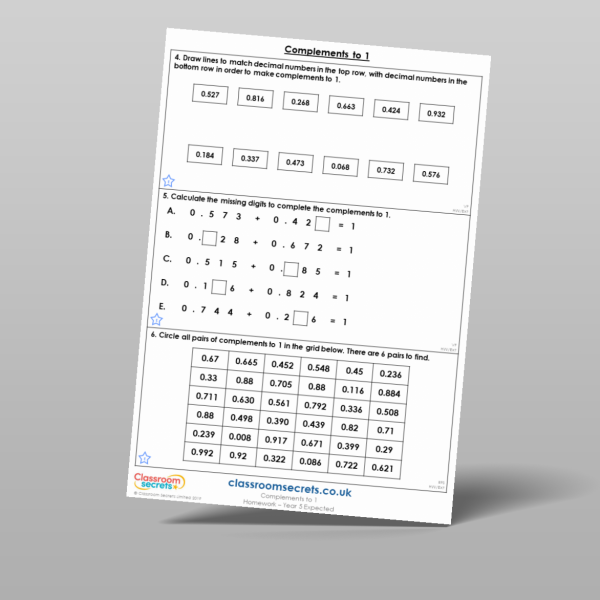 Year 5 Complements To 1 Homework Resource | Classroom Secrets