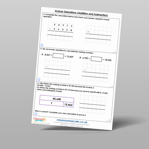 Year 5 Inverse Operations Addition And Subtraction Homework Resource ...