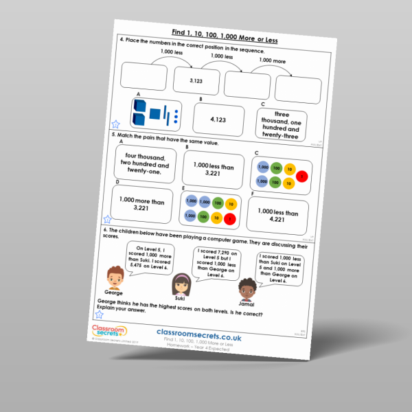 Year 4 Find 1 10 100 1 000 More Or Less Homework Resource | Classroom ...