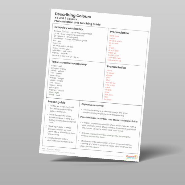Year 4 Describing Colours Pronunciation Guide Resource | Classroom Secrets
