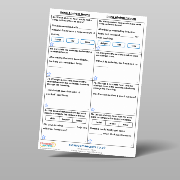 Year 3 Using Abstract Nouns Varied Fluency Resource | Classroom Secrets