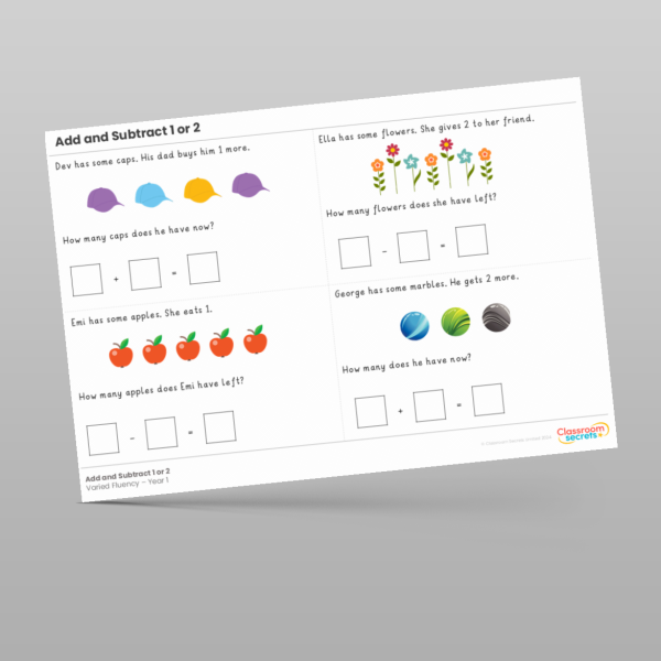 Year 1 Add And Subtract 1 Or 2 Varied Fluency Resource | Classroom Secrets