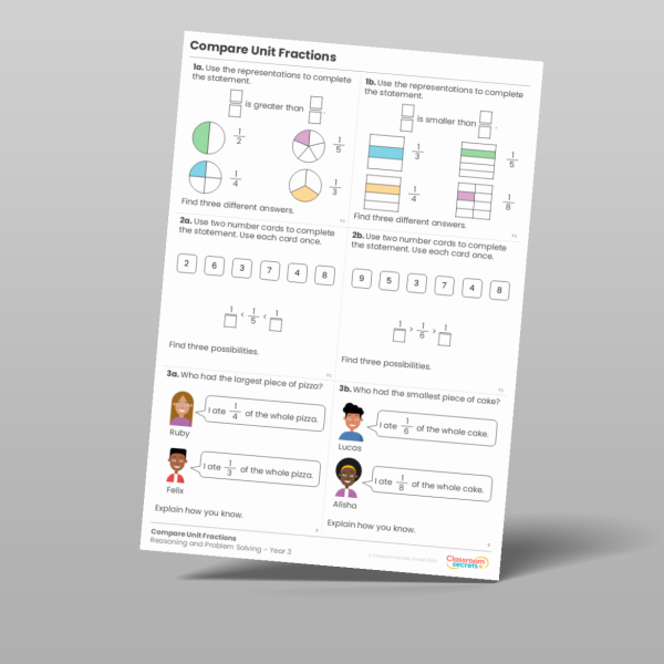 Year 3 Compare Unit Fractions Reasoning And Problem Solving Resource Classroom Secrets