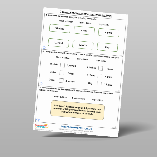Year 5 Convert Between Metric And Imperial Units Homework Resource ...