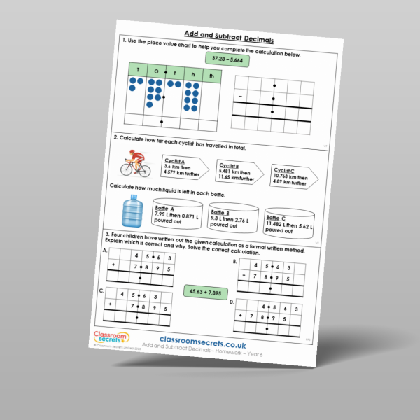 Year 6 Add And Subtract Decimals Homework Resource | Classroom Secrets