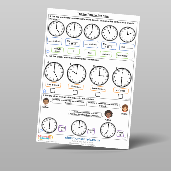 Year 1 Tell The Time To The Hour Homework Resource | Classroom Secrets