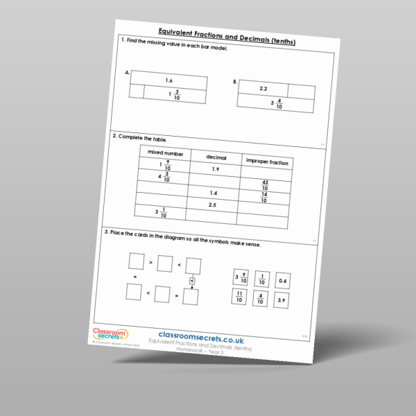 Year 5 Equivalent Fractions And Decimals Tenths Homework Resource ...