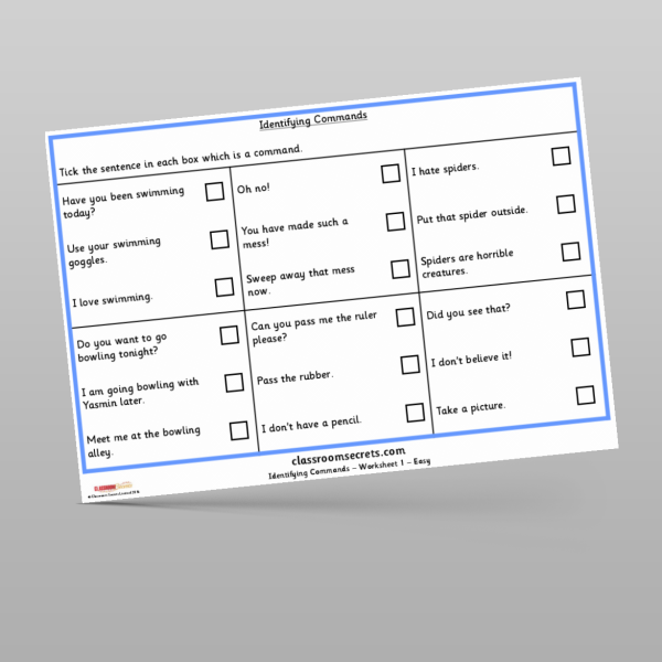 KS2 Identifying Commands Test Practice Resource | Classroom Secrets