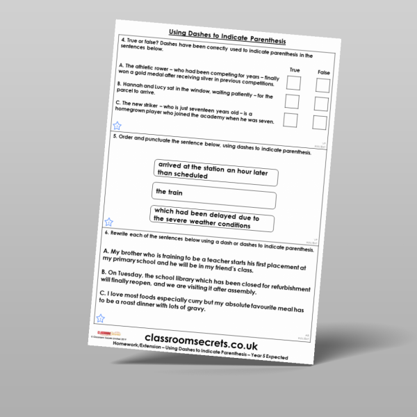 Year 5 Using Dashes To Indicate Parenthesis Homework Resource ...