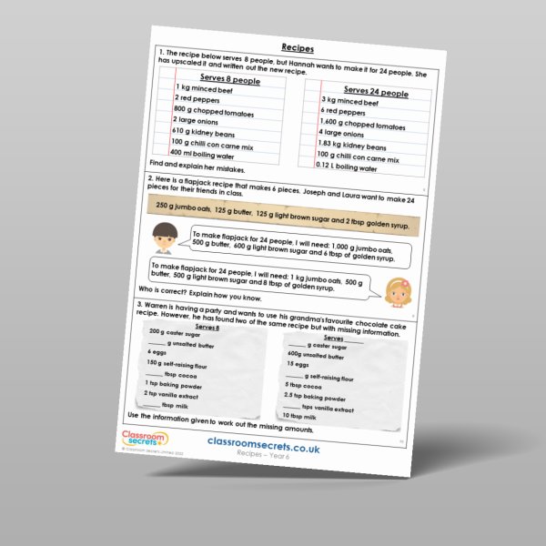 Year 6 Recipes Reasoning And Problem Solving Resource | Classroom Secrets