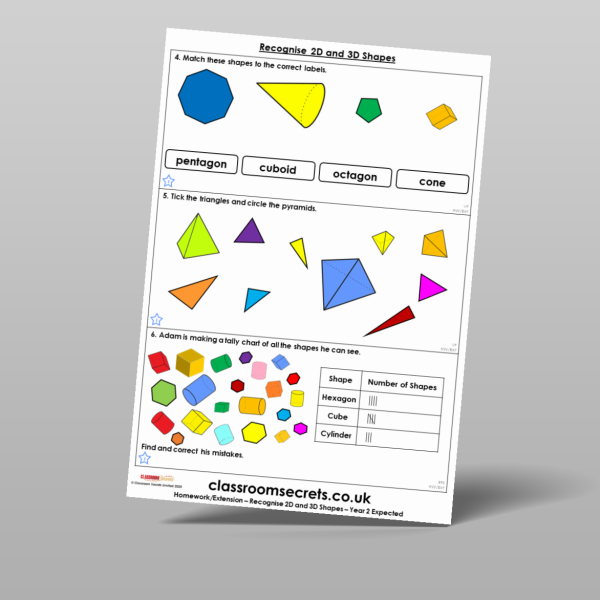 Year 2 Recognise 2d And 3d Shapes Homework Resource | Classroom Secrets