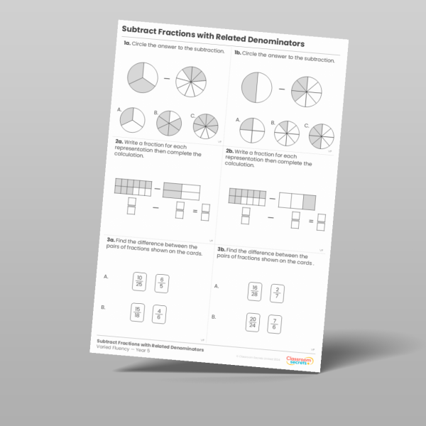 Subtract Fractions with Related Denominators Varied Fluency Resource ...