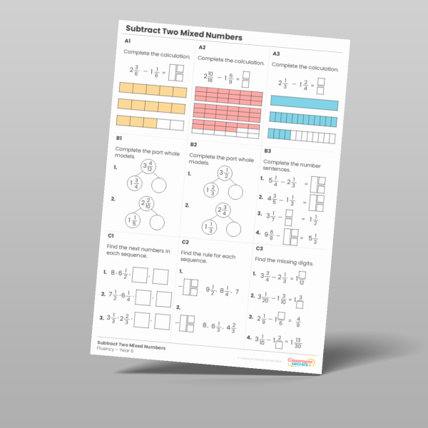 Year 6 Subtract Two Mixed Numbers Fluency Matrix Resource | Classroom ...