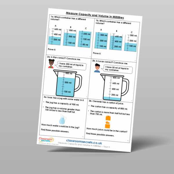 Year 3 Measure Capacity And Volume In Millilitres Reasoning And Problem ...