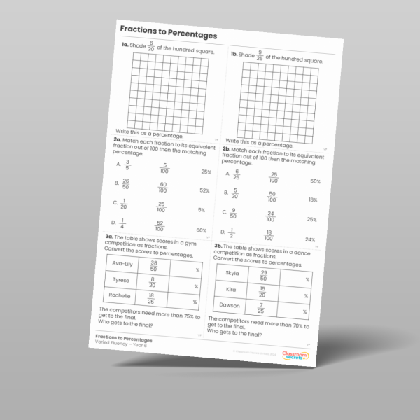 Year 6 Fractions To Percentages Varied Fluency 2 Resource | Classroom ...