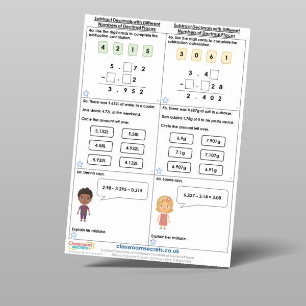Year 5 Subtract Decimals With Different Numbers Of Decimal Places Reasoning And Problem Solving ...