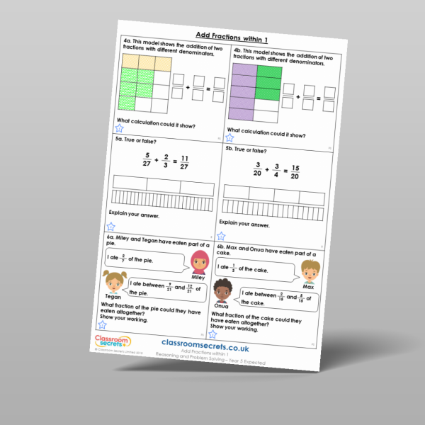 Year 5 Add Fractions Within 1 Reasoning And Problem Solving Resource | Classroom Secrets