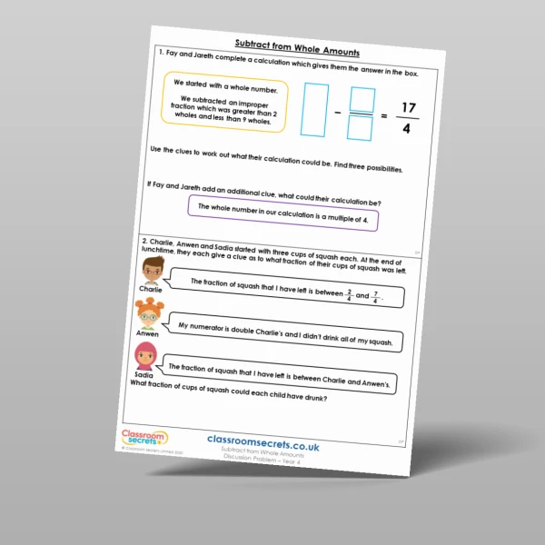 Year 4 Subtract From Whole Amounts Prior Learning Resource Classroom